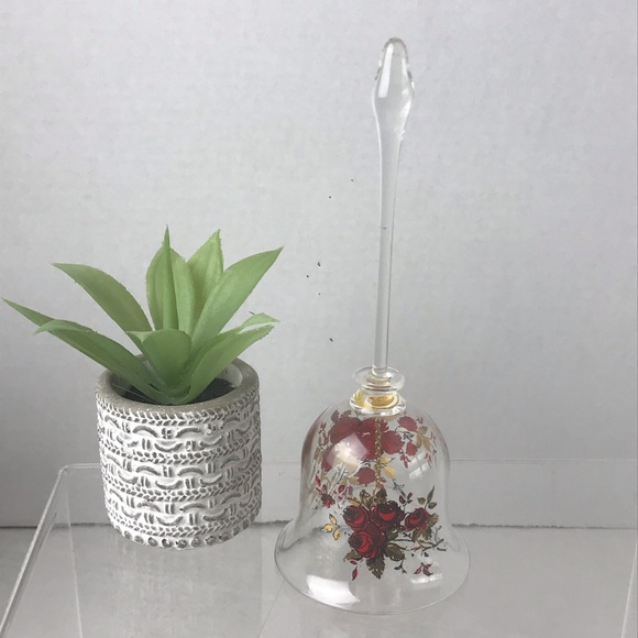 Accents | Vintage Clear Glass Bell With Long Handle Red Roses Gold ...